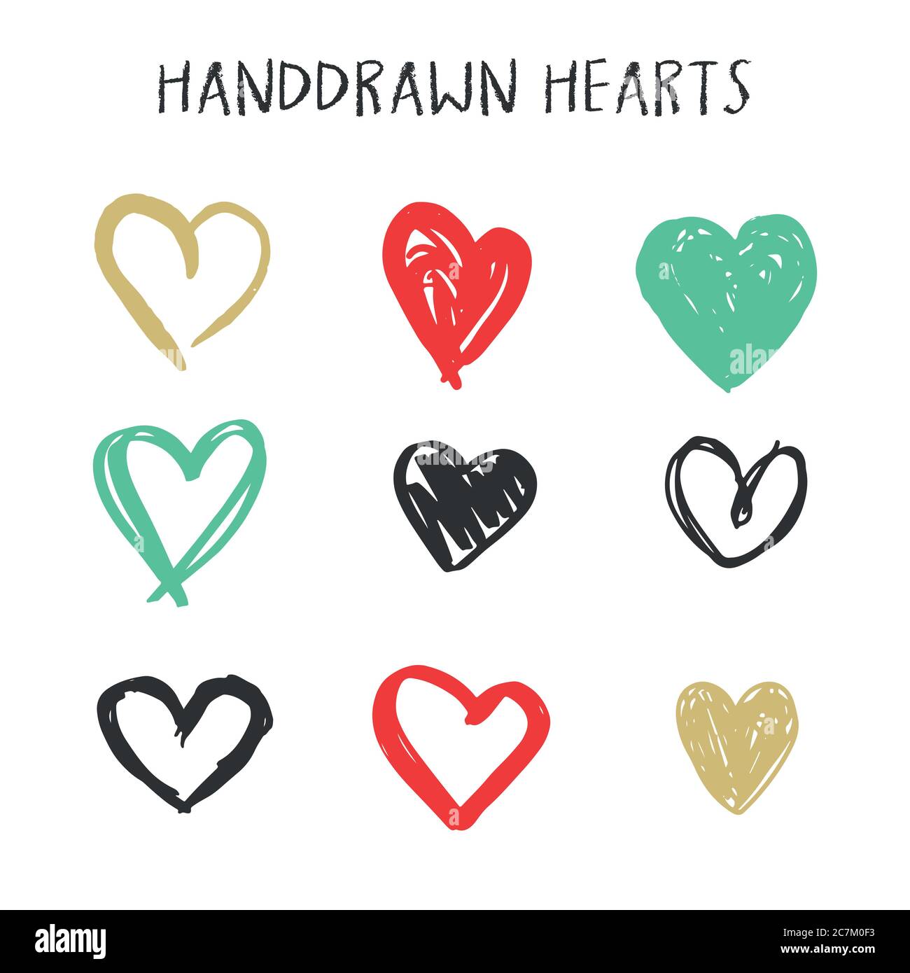 Set of nine hand drawn heart. Handdrawn rough marker hearts isolated on ...