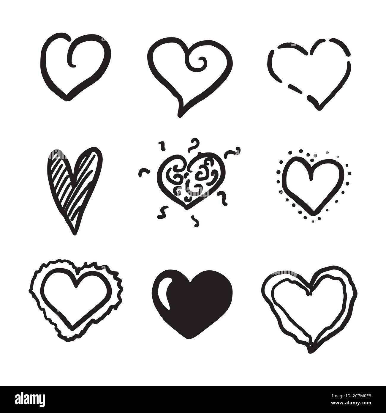 Set of nine hand drawn heart. Handdrawn rough marker hearts isolated on ...