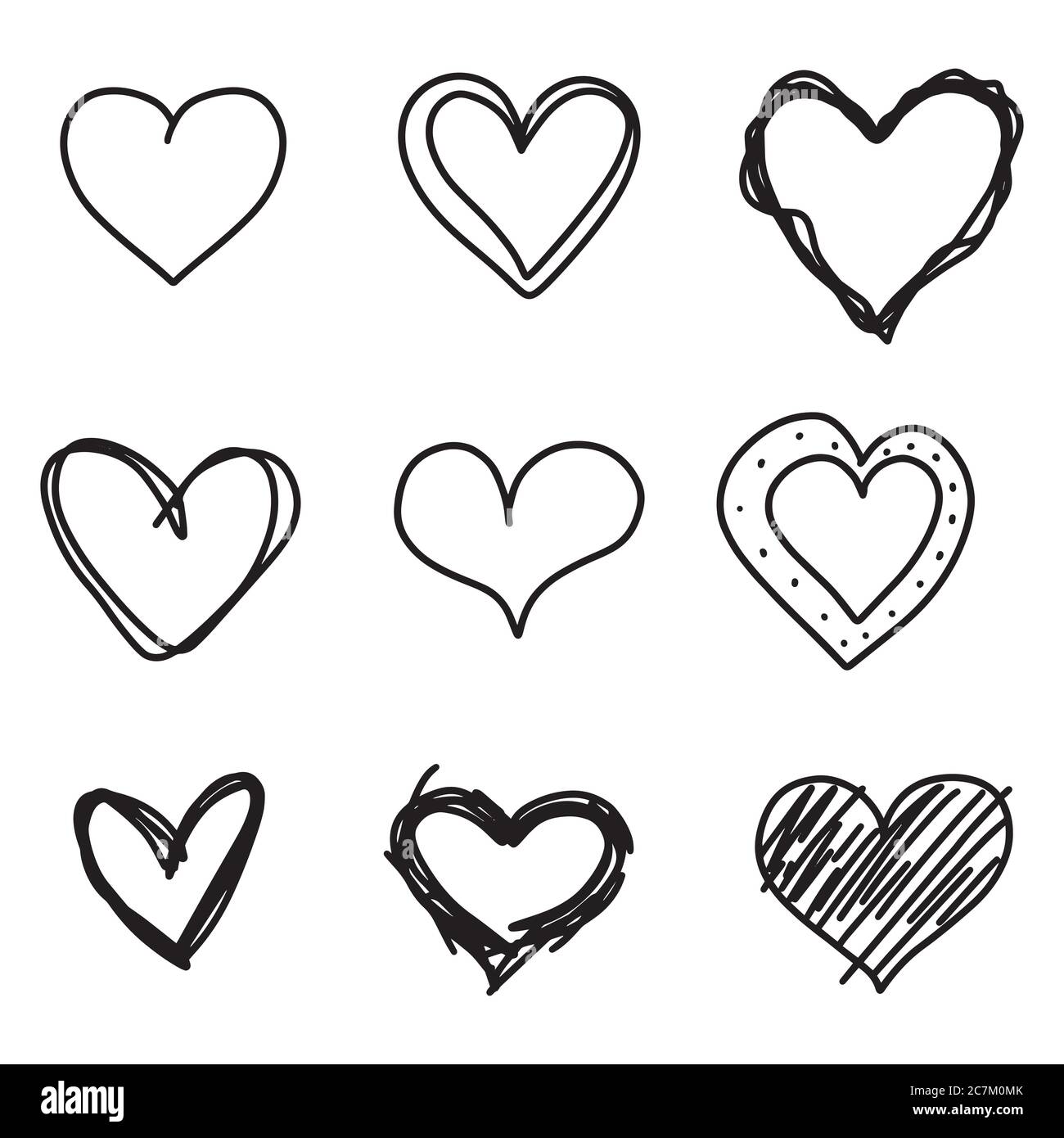 Set of nine hand drawn heart. Handdrawn rough marker hearts isolated on ...