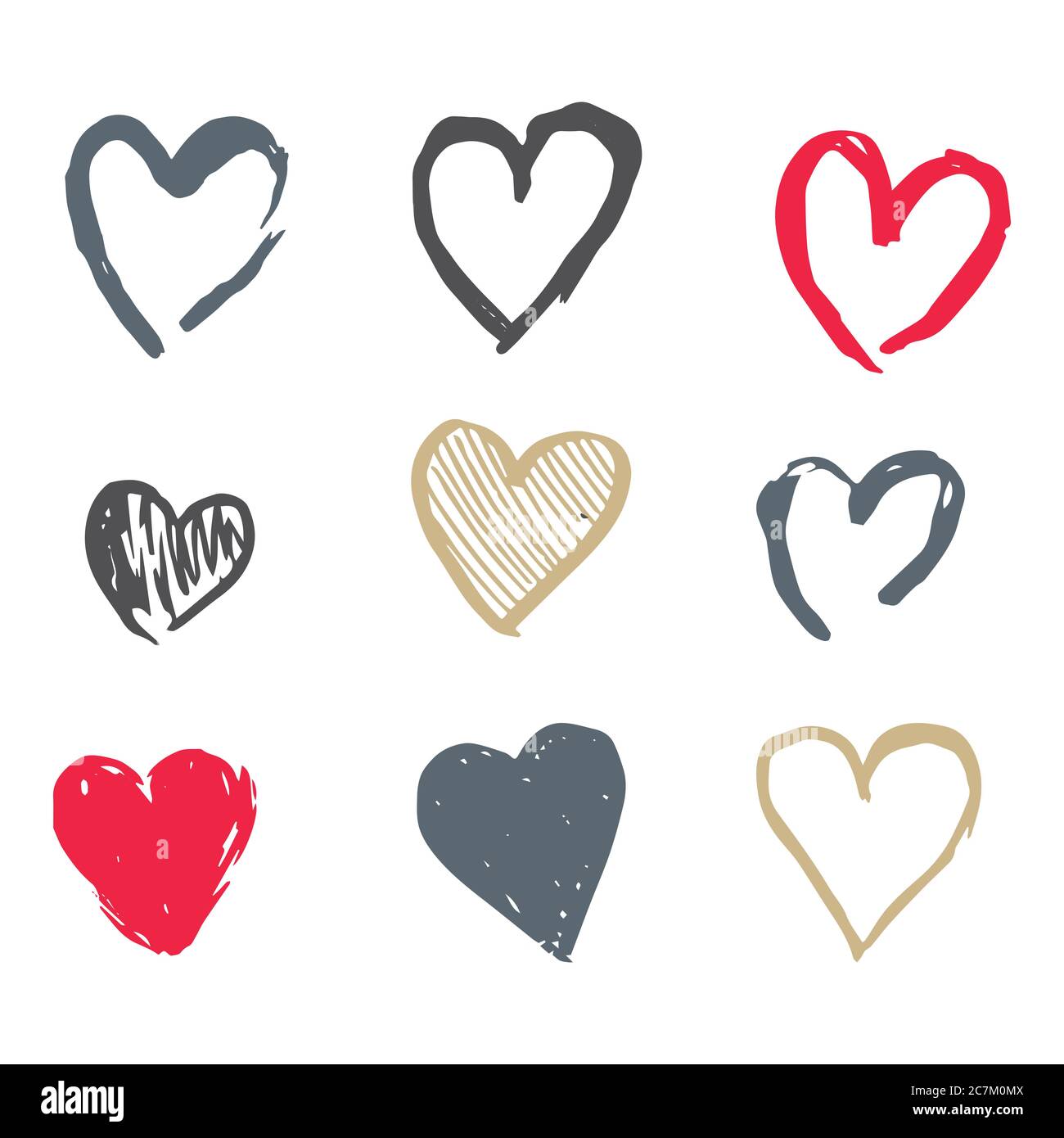 Set of nine hand drawn heart. Handdrawn rough marker hearts isolated on ...