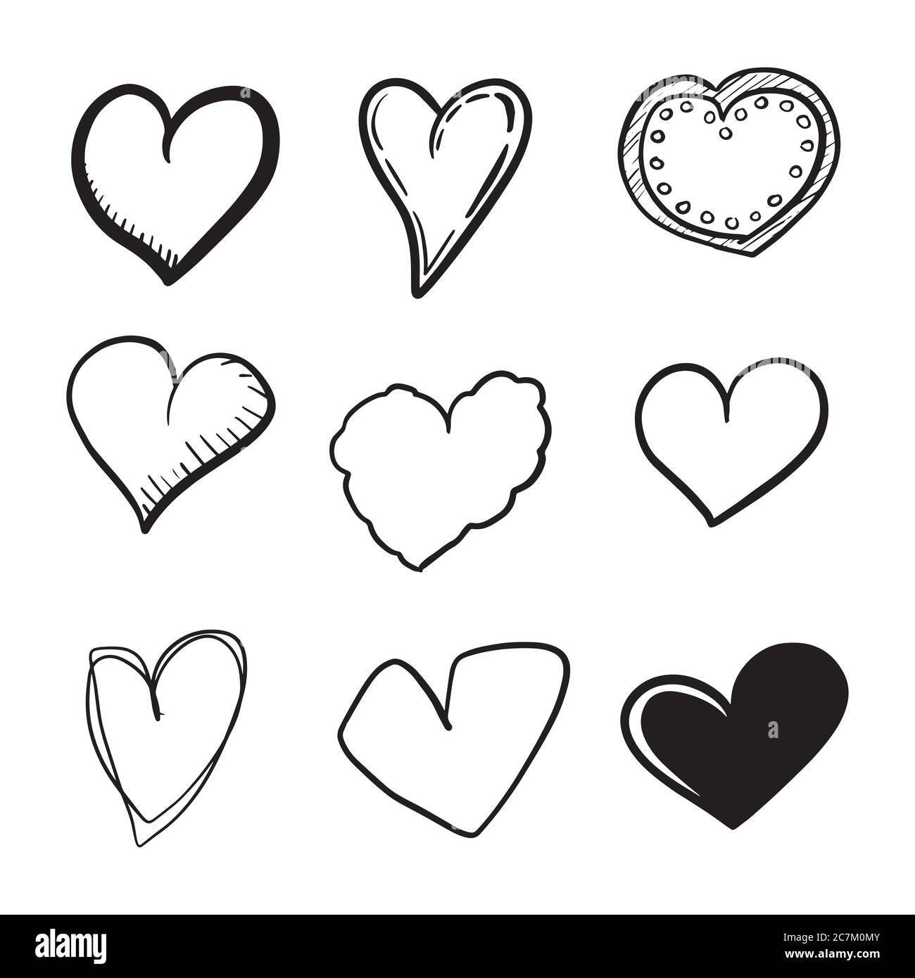 Set of nine hand drawn heart. Handdrawn rough marker hearts isolated on ...