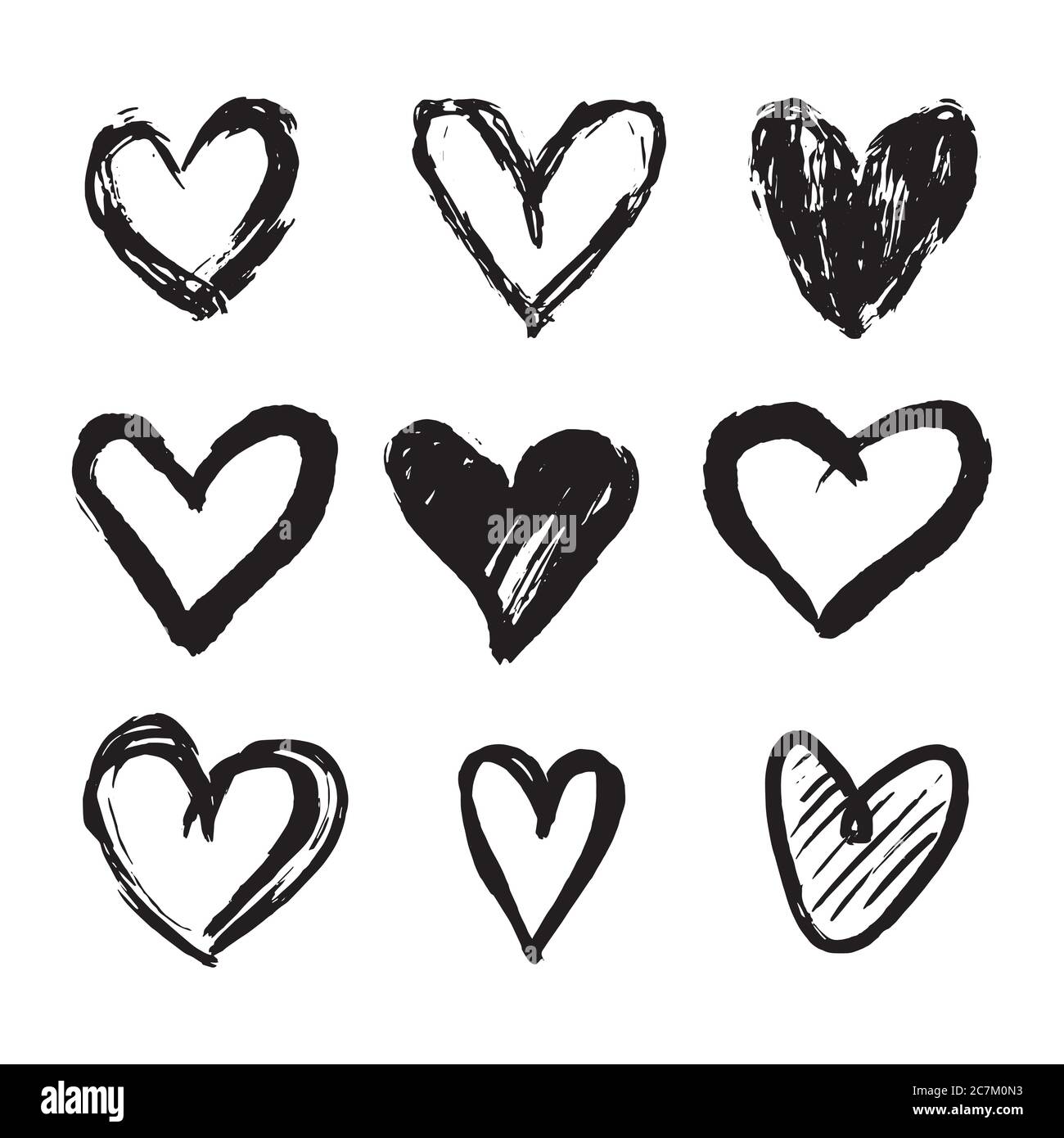 Set of nine hand drawn heart. Handdrawn rough marker hearts isolated on ...
