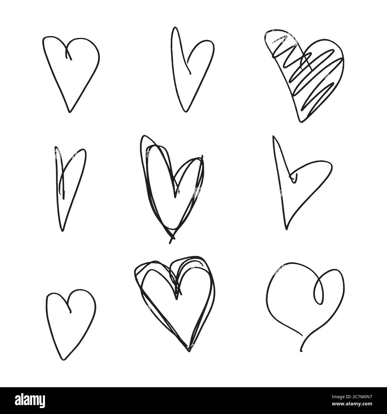 Set of nine hand drawn heart. Handdrawn rough marker hearts isolated on ...