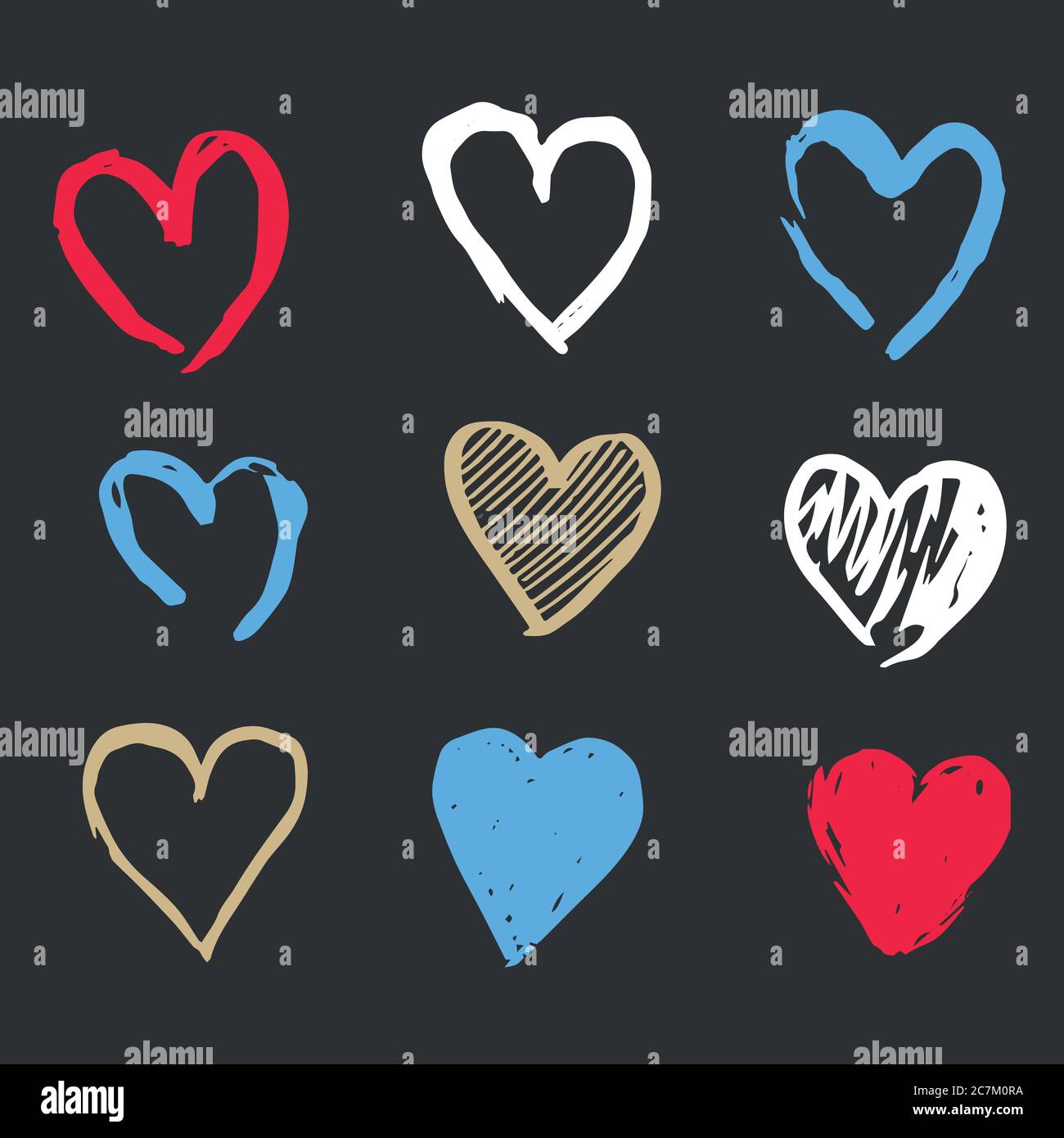 Set of nine hand drawn heart. Handdrawn rough marker hearts isolated on ...