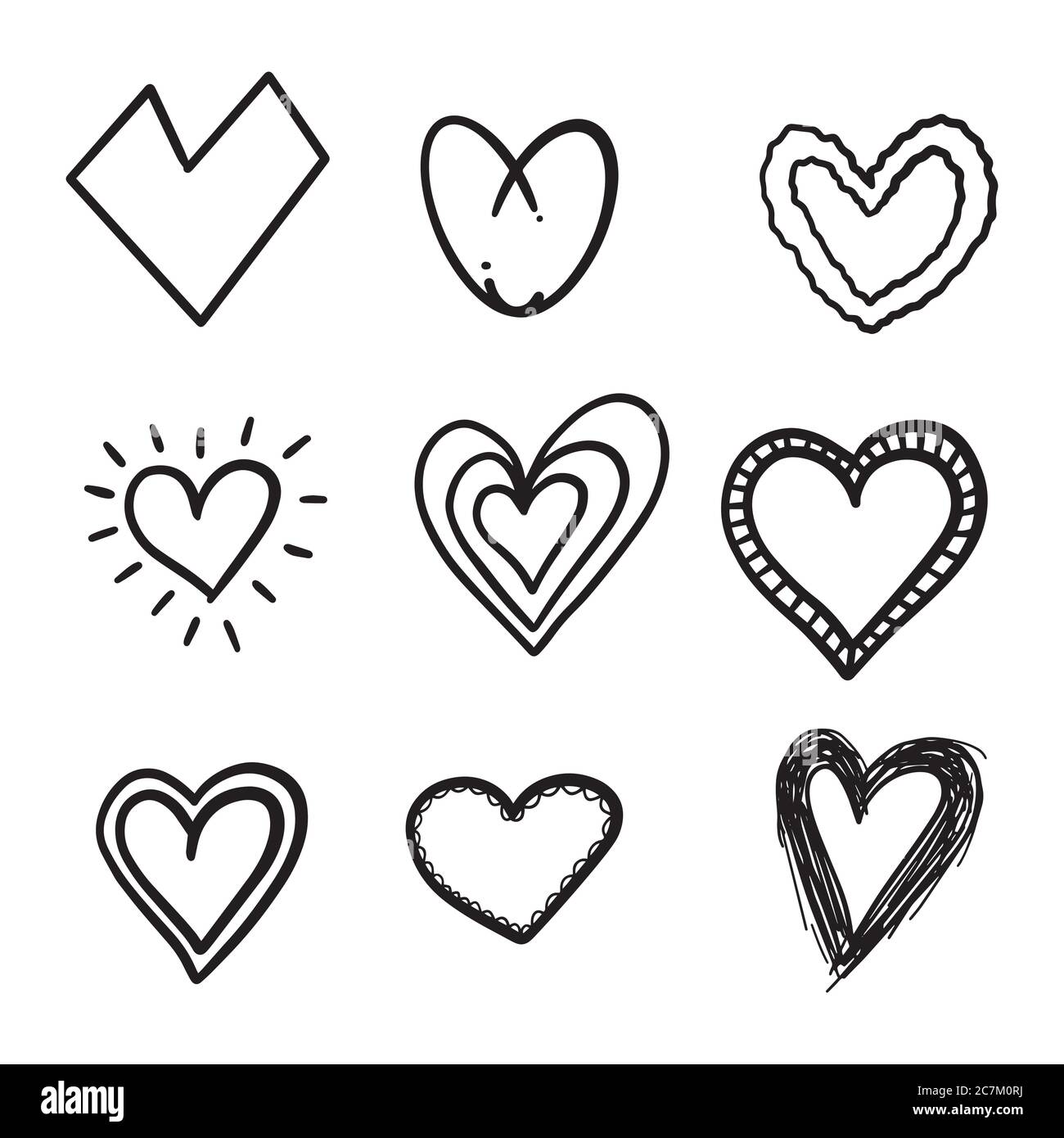 Set of nine hand drawn heart. Handdrawn rough marker hearts isolated on ...