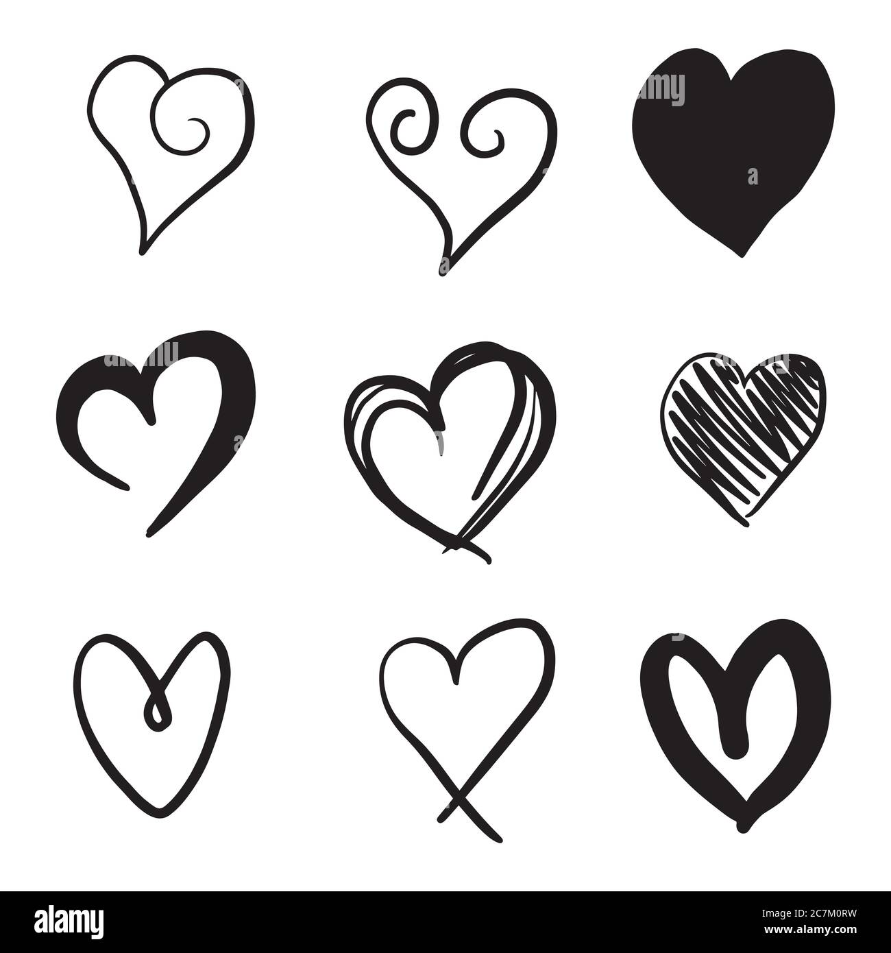 Set of nine hand drawn heart. Handdrawn rough marker hearts isolated on ...