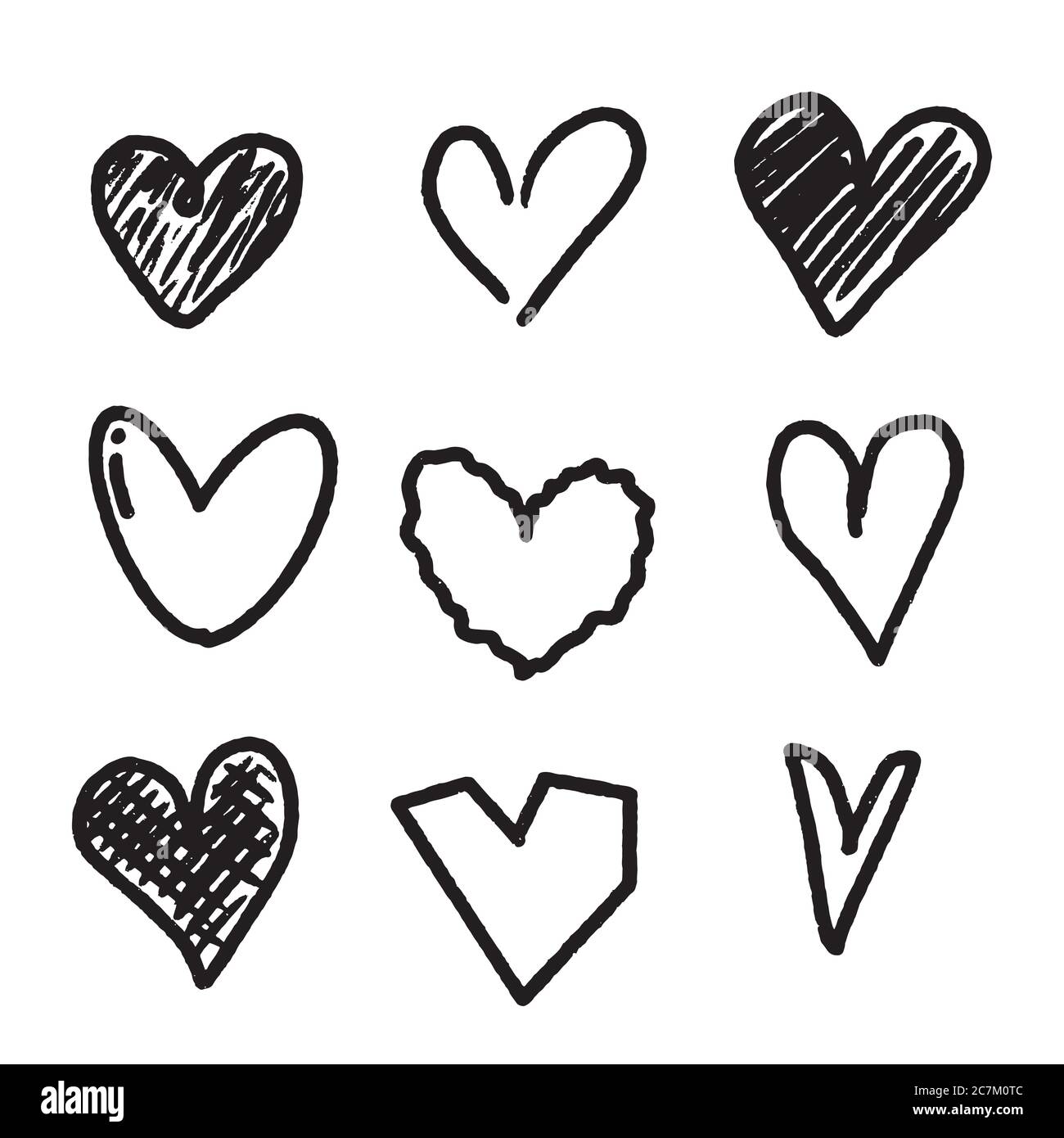 Set of nine hand drawn heart. Handdrawn rough marker hearts isolated on ...