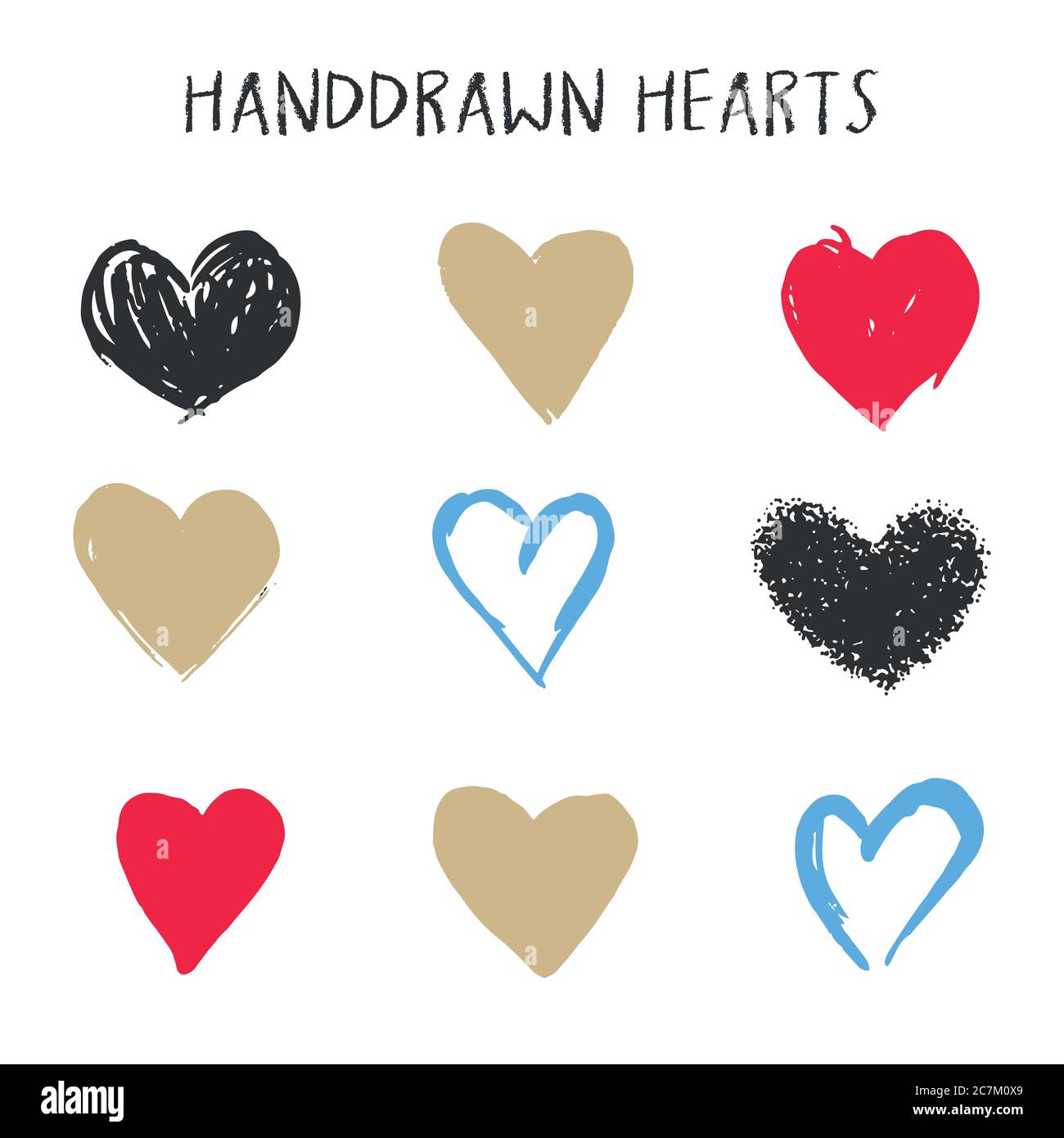 Set of nine hand drawn heart. Handdrawn rough marker hearts isolated on ...