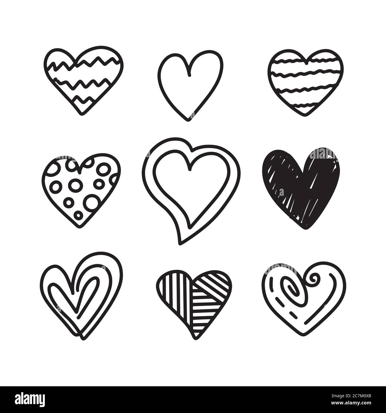 Set of nine hand drawn heart. Handdrawn rough marker hearts isolated on ...
