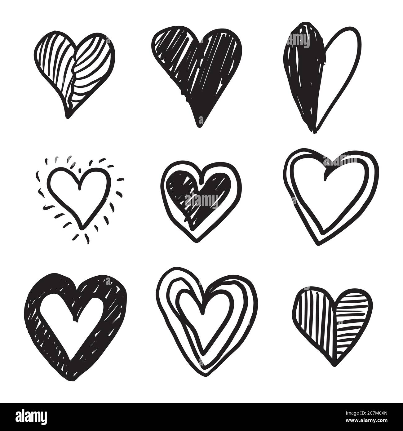 Set of nine hand drawn heart. Handdrawn rough marker hearts isolated on ...