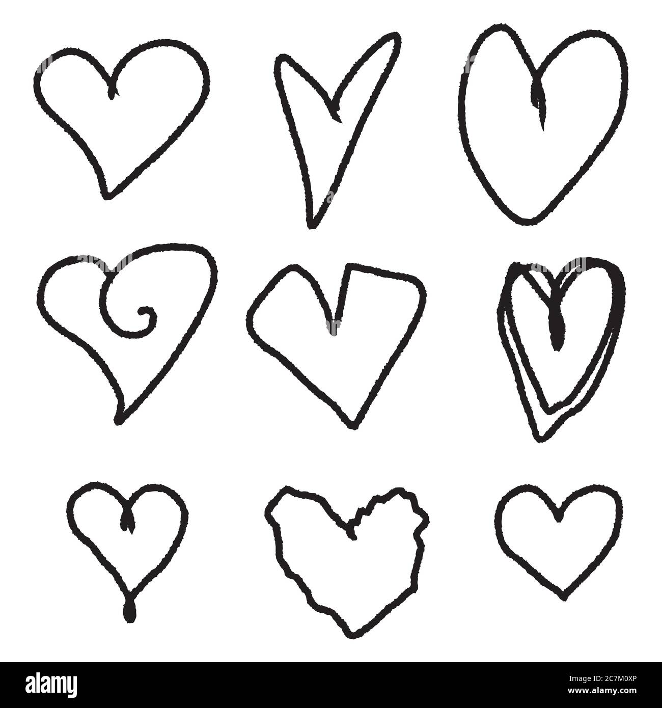 Set of nine hand drawn heart. Handdrawn rough marker hearts isolated on ...