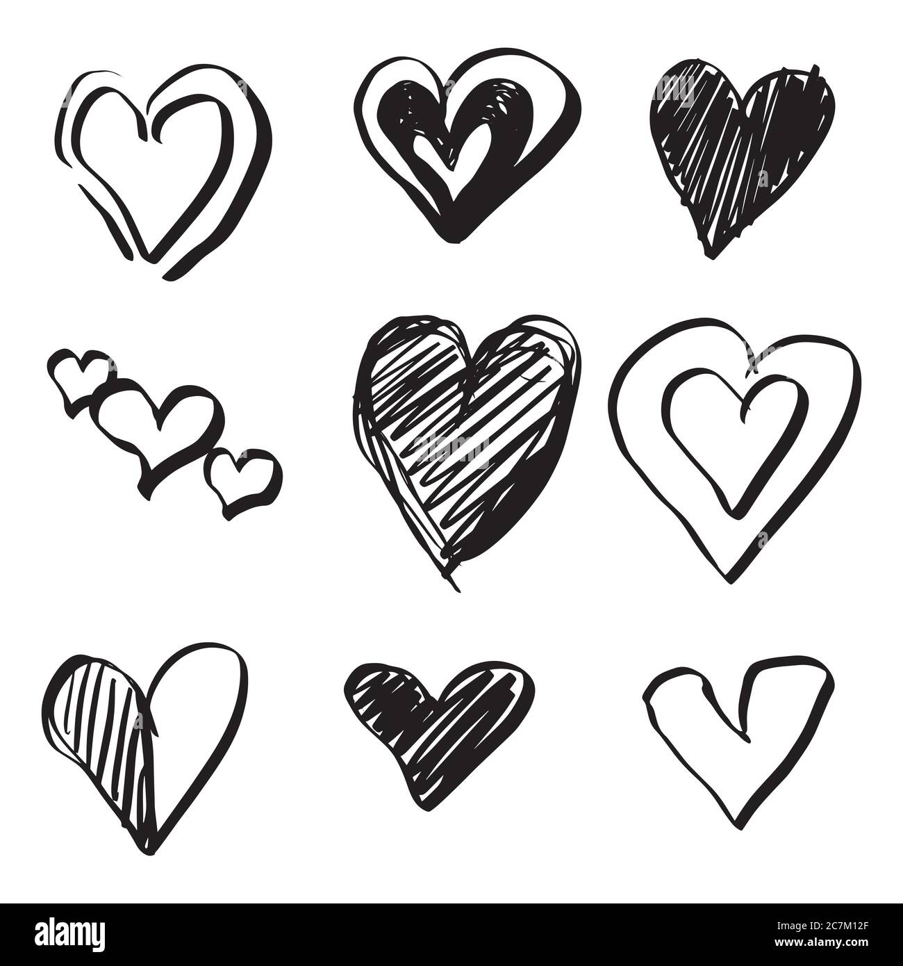Set of nine hand drawn heart. Handdrawn rough marker hearts isolated on ...