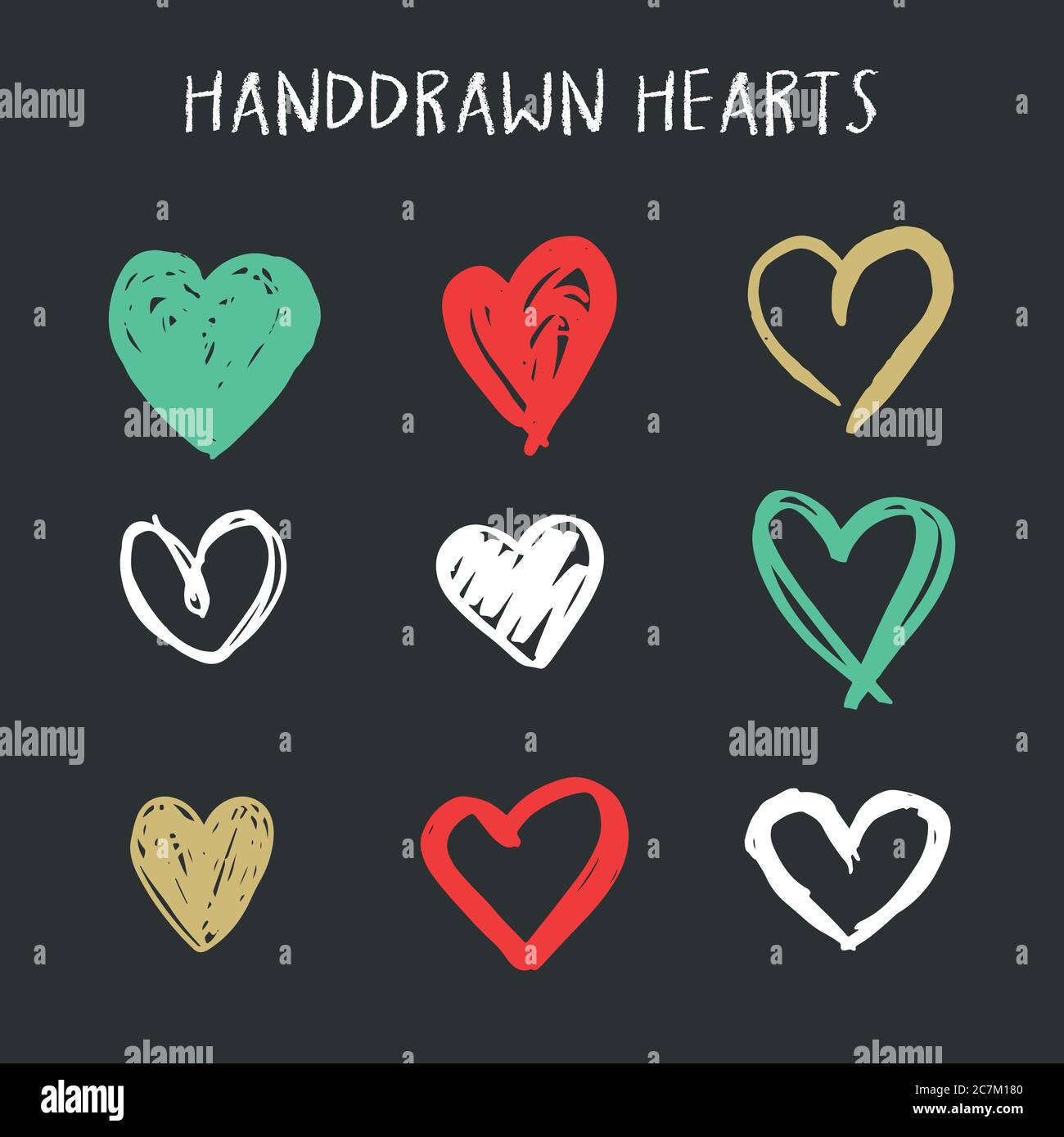 Set of nine hand drawn heart. Handdrawn rough marker hearts isolated on ...