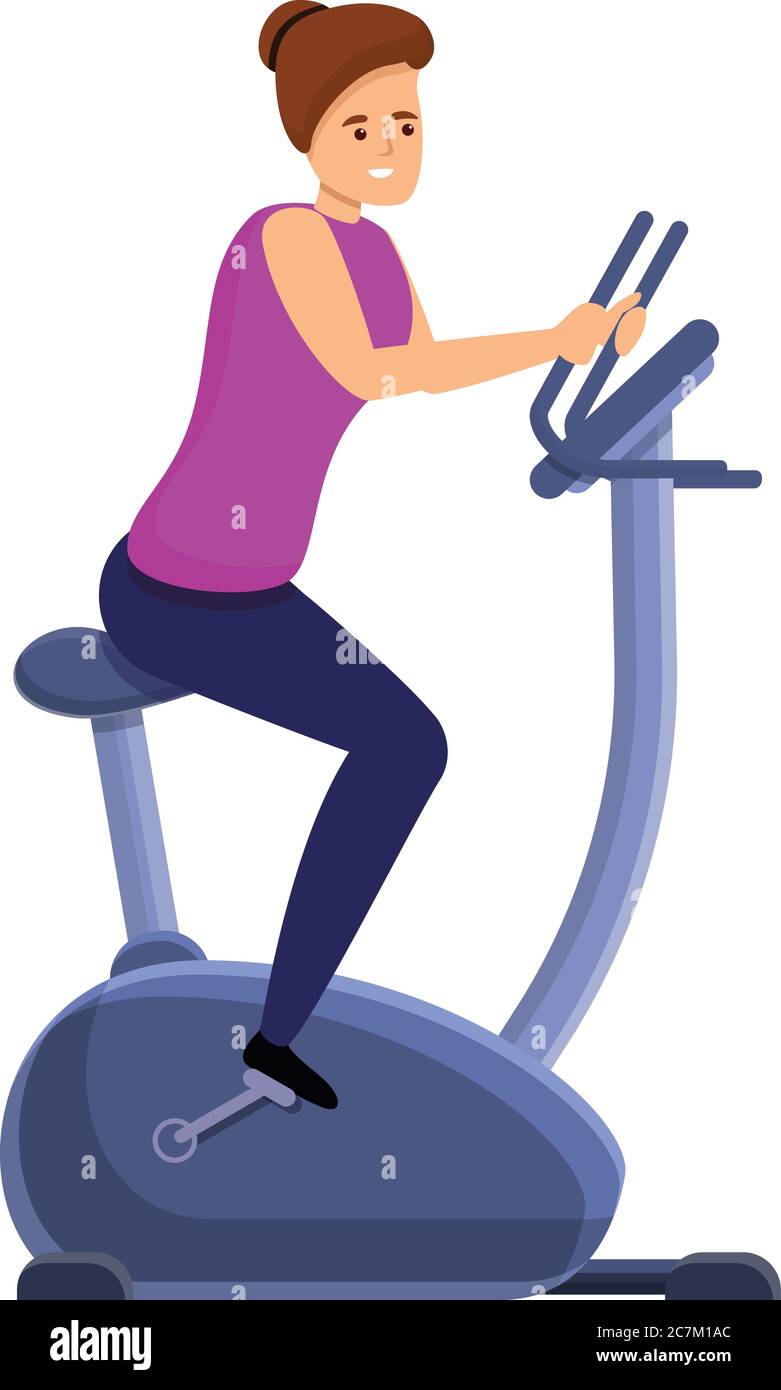 Smiling girl exercise bike icon. Cartoon of smiling girl exercise bike ...