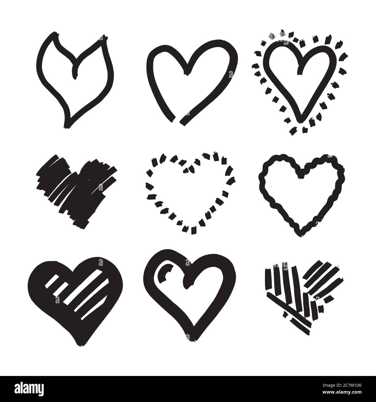 Set of nine hand drawn heart. Handdrawn rough marker hearts isolated on ...