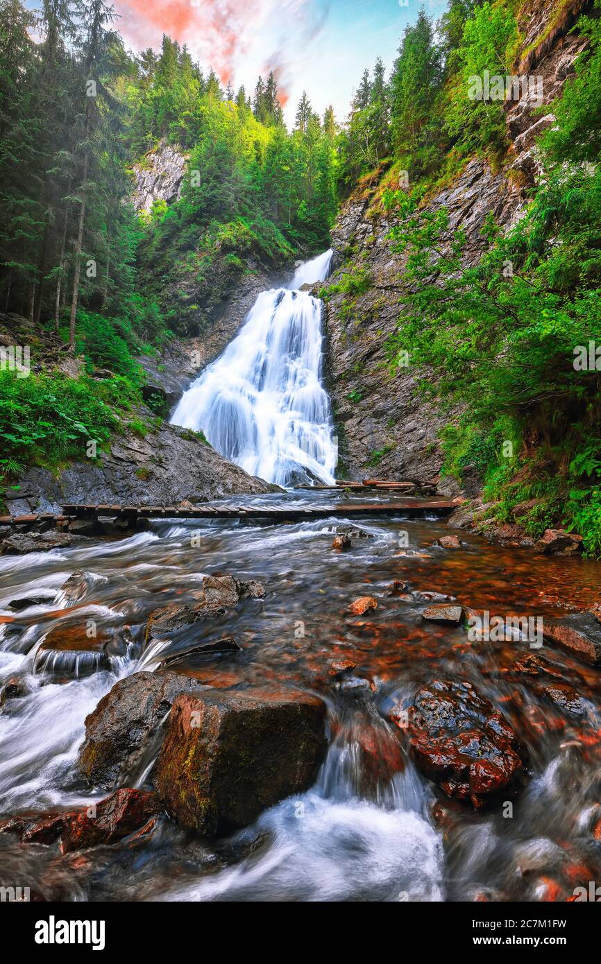 View of Bride's Veil / Valul Miresei Waterfall. Dramatic scene in ...