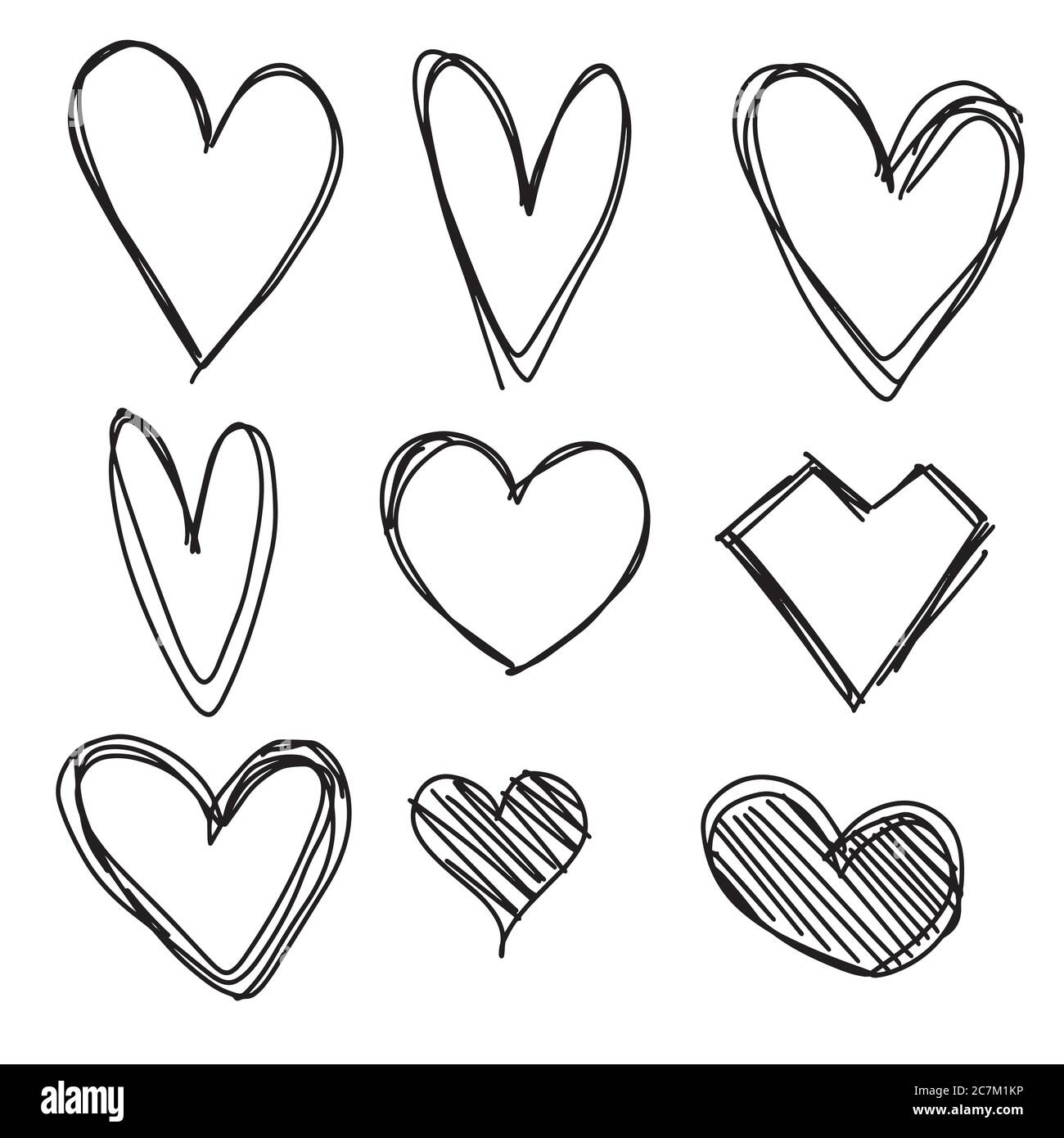 Set of nine hand drawn heart. Handdrawn rough marker hearts isolated on ...