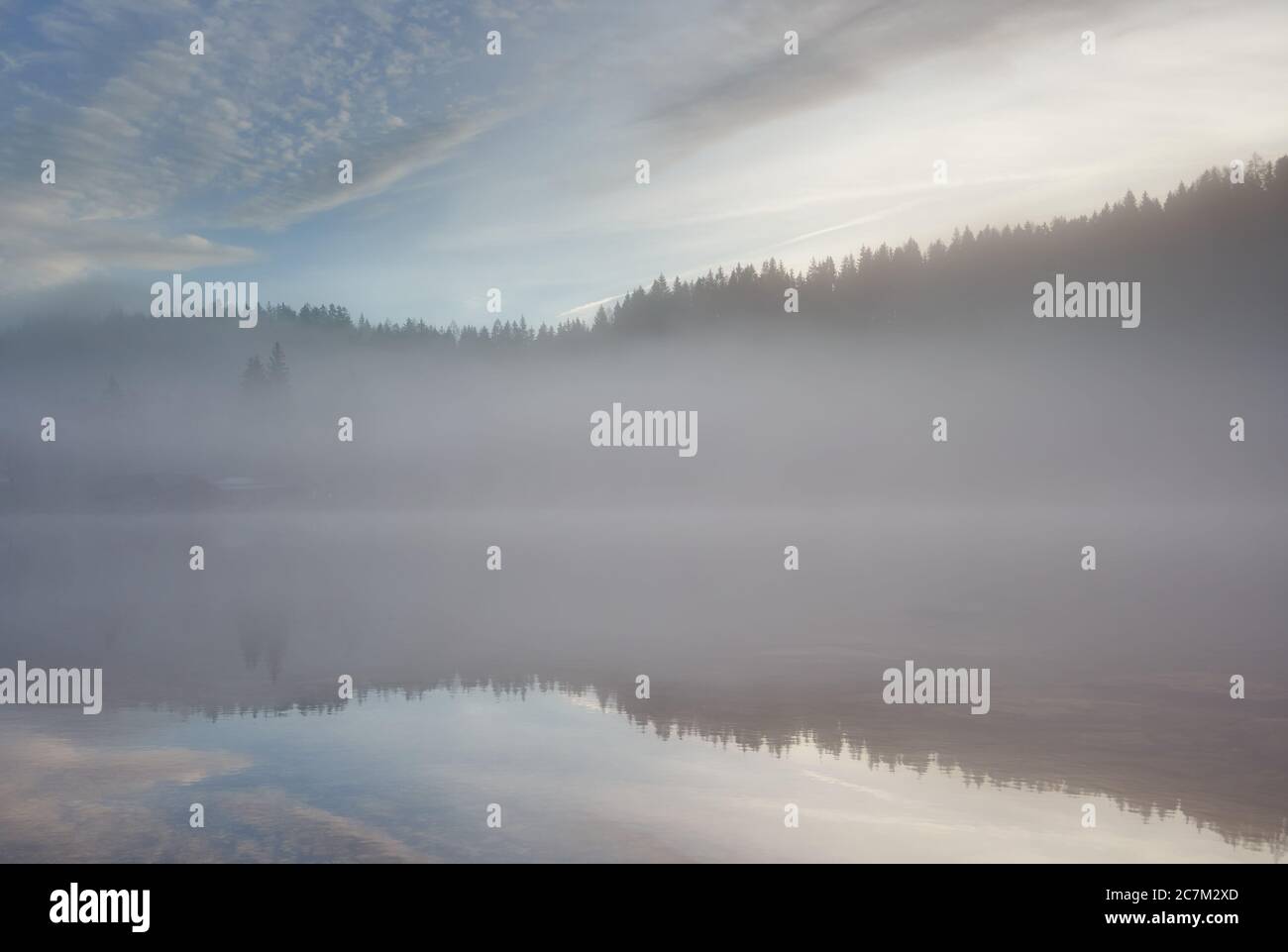 Sunrise at a foggy morning at Lake Gleinkersee, Styria, Austria Stock ...