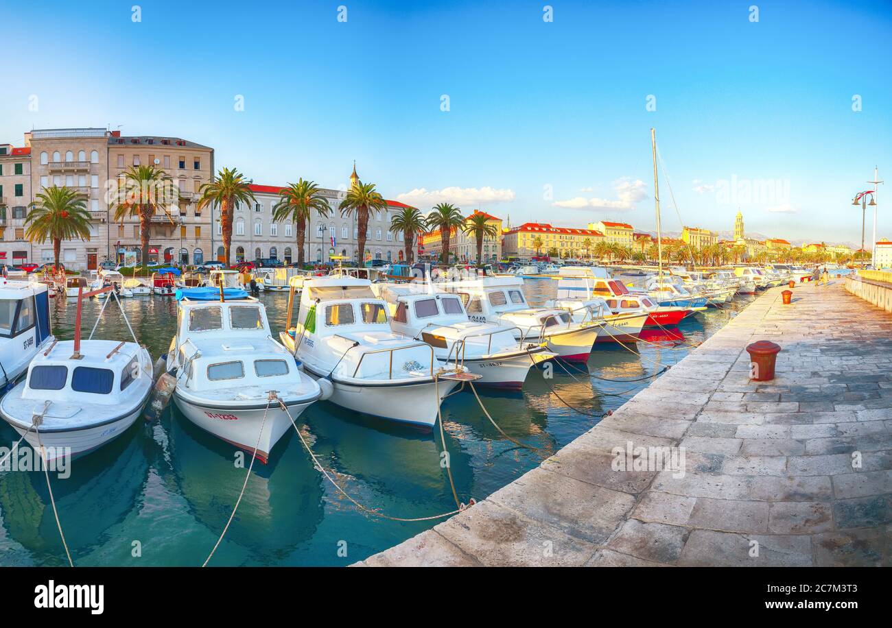 City center, cathedral tower, boats and yachts in marina of Split ...
