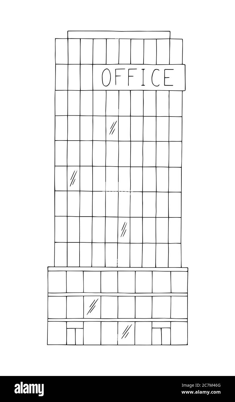 Office building exterior front view graphic black white isolated sketch ...