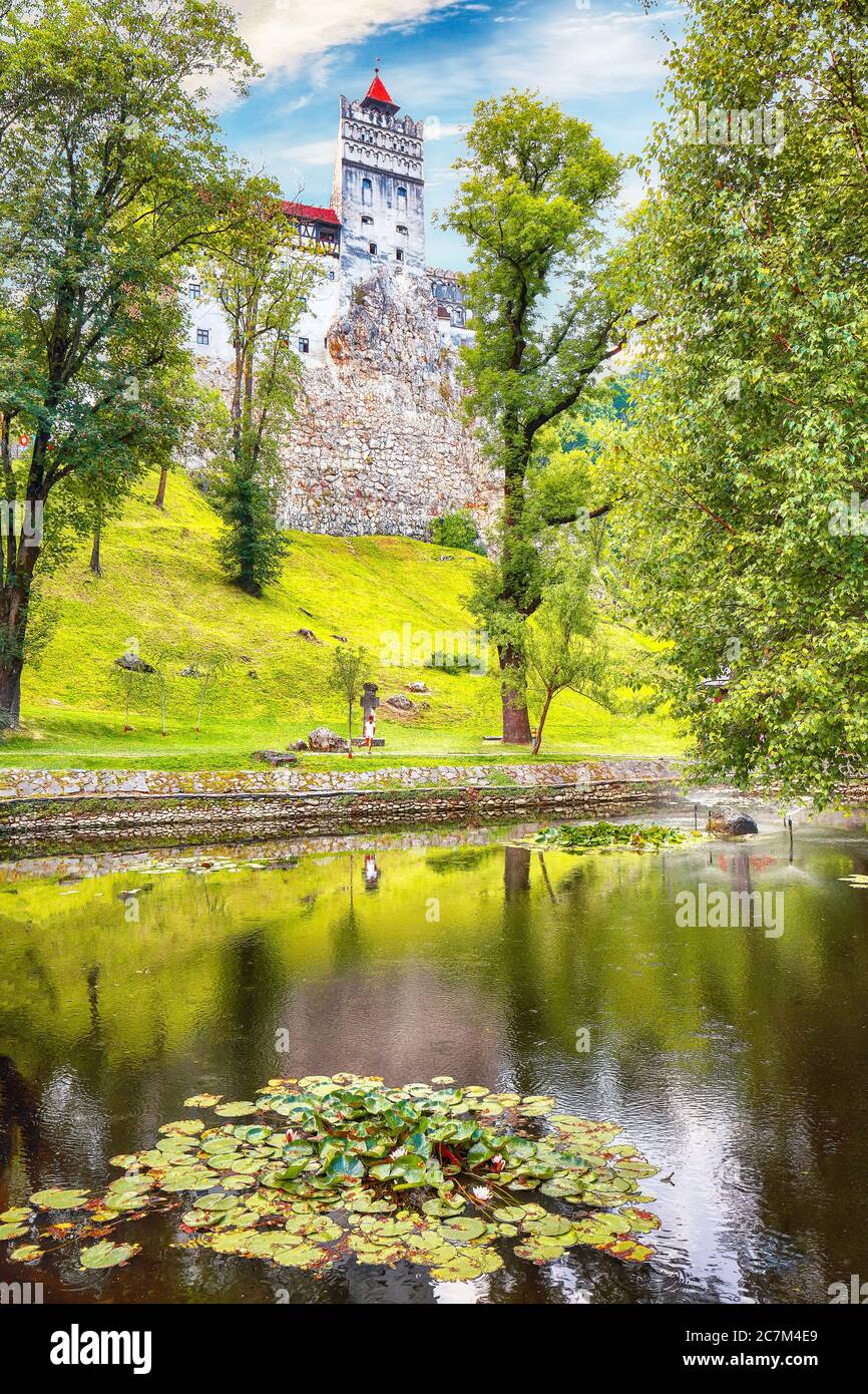 Landscape with medieval Bran castle known for the myth of Dracula. Bran ...
