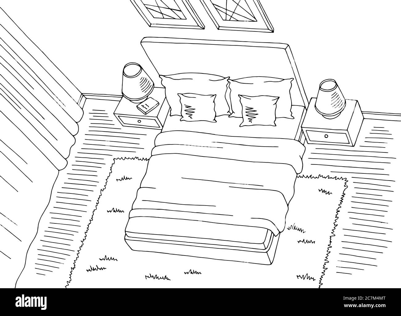 Bedroom top view from above graphic black white home interior sketch ...