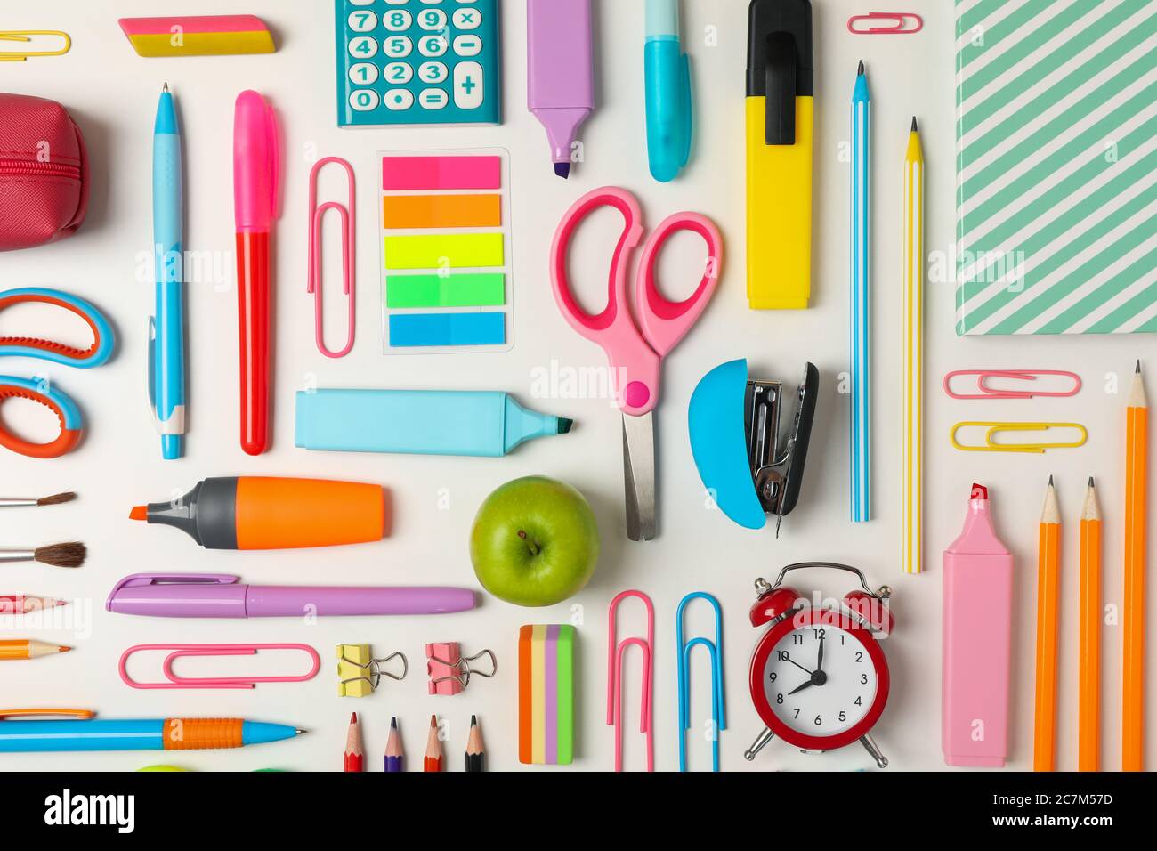 Flat lay with different school supplies on white background Stock Photo ...