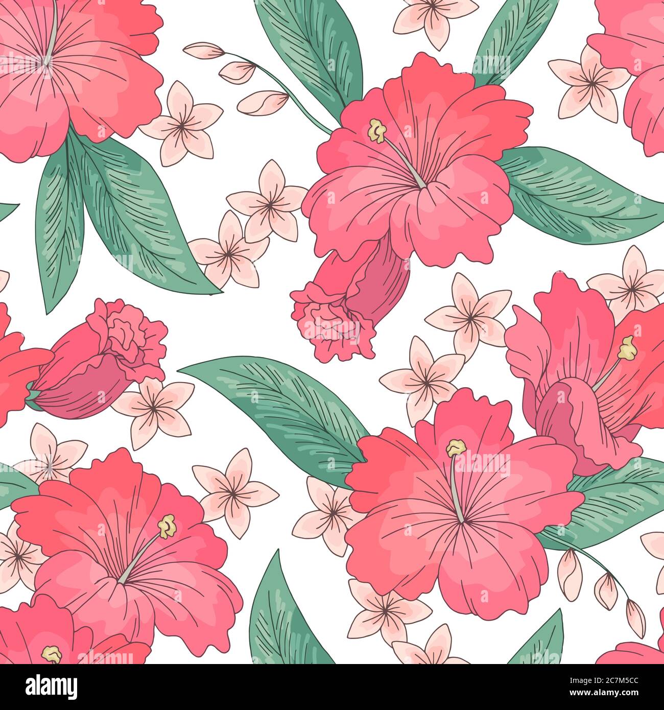 Tropical flower graphic seamless pattern background pink color sketch ...