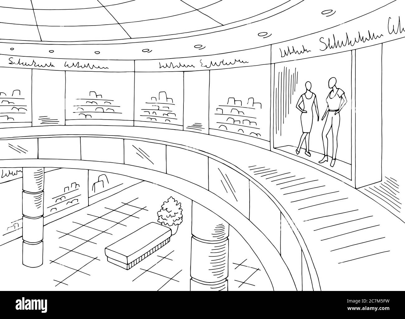 Shopping mall graphic black white interior sketch illustration vector ...