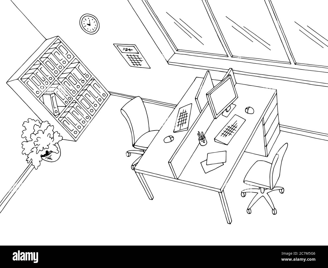 Office top view from above aerial graphic black white interior sketch ...