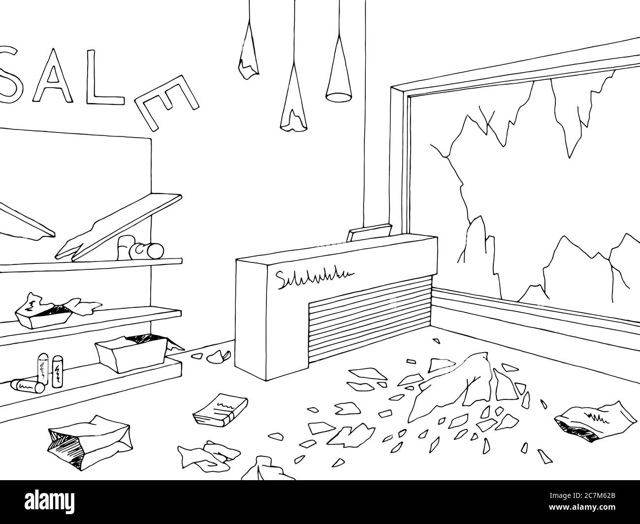 Destroyed store interior shop black white graphic sketch illustration ...