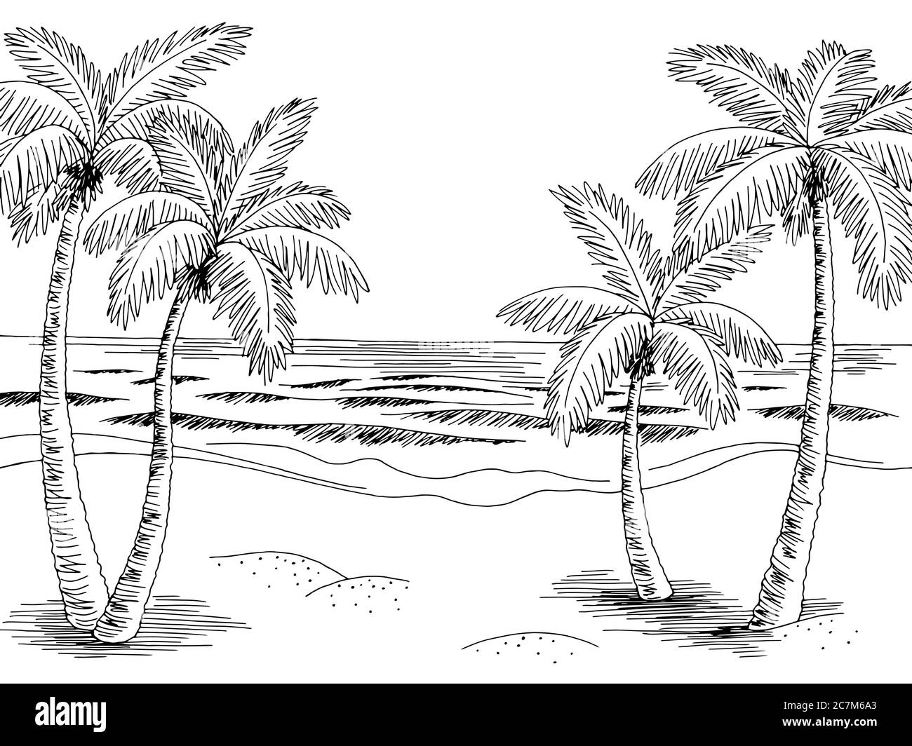 Sea coast graphic beach black white landscape sketch illustration ...