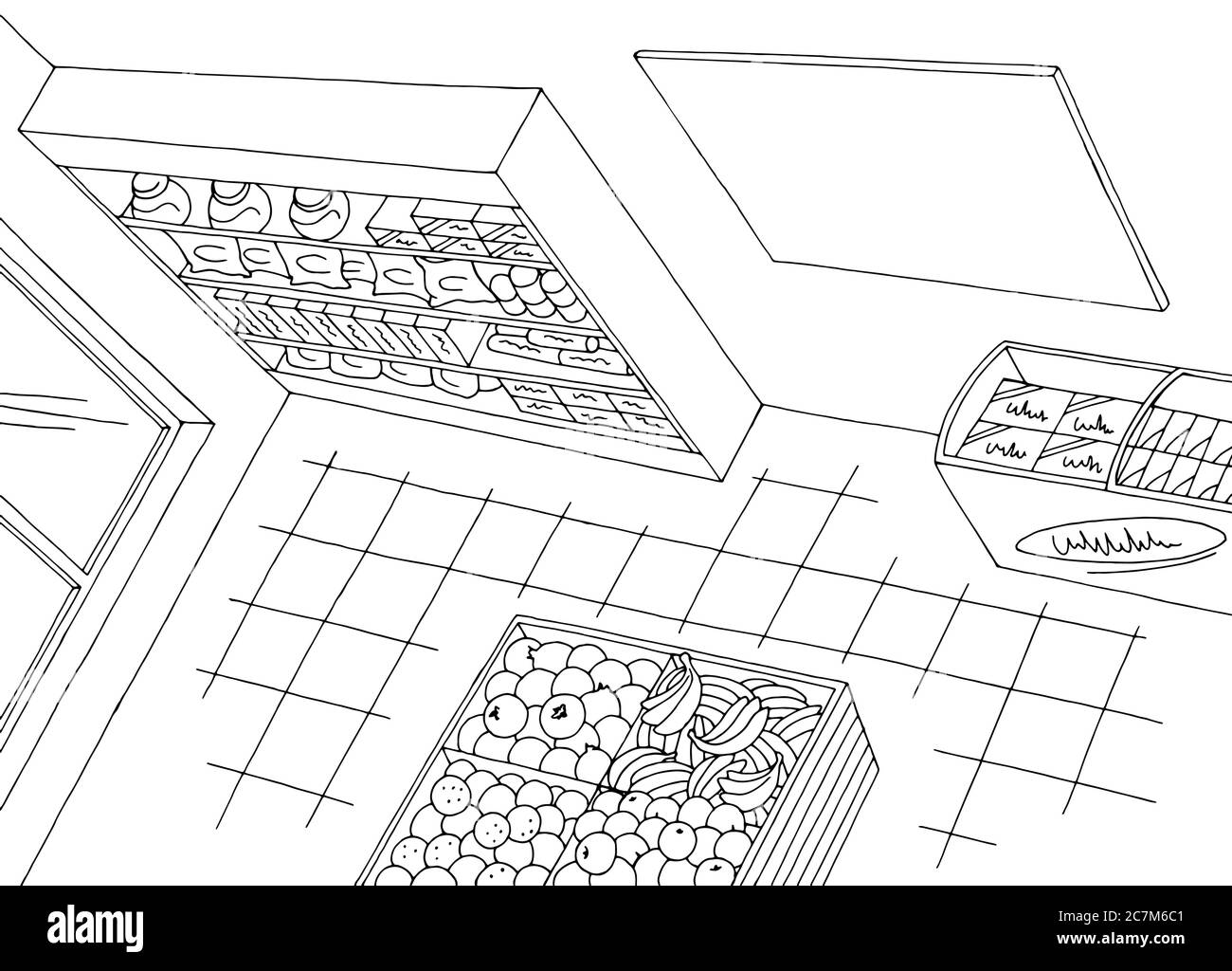 Grocery store shop interior top view from above aerial black white ...