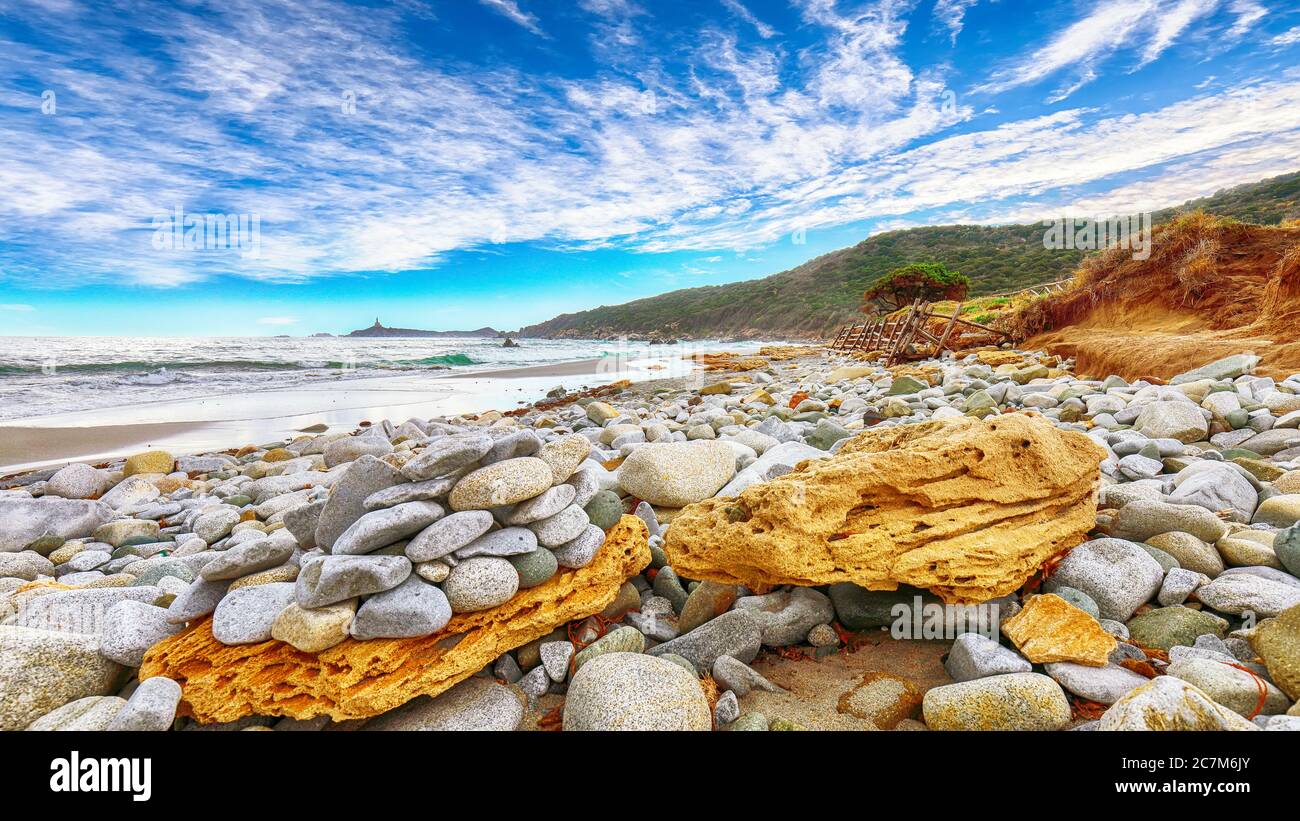 Fantastic view of Capo Carbonara beach with turquoise water and rocks ...