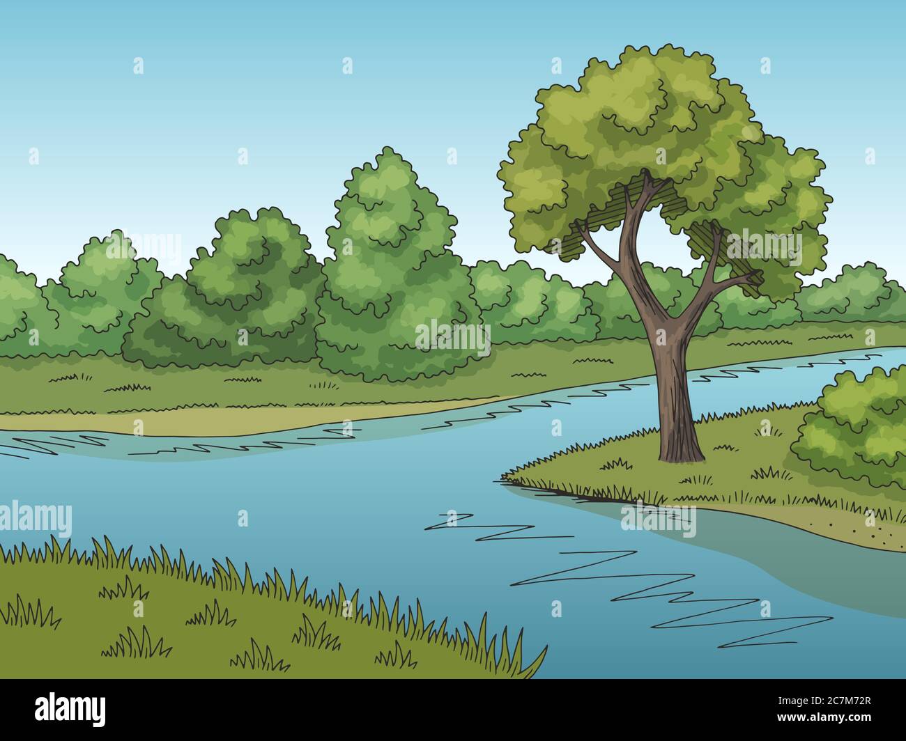 Forest river graphic color landscape sketch illustration vector Stock ...