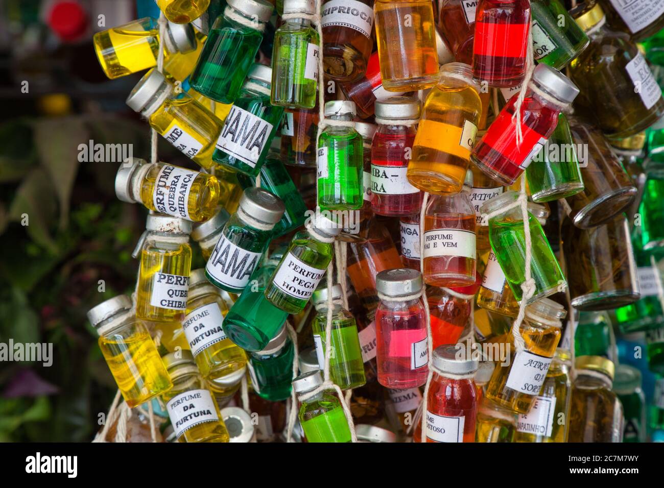 Close up of many little bottles of perfumes in the market at Belem on ...