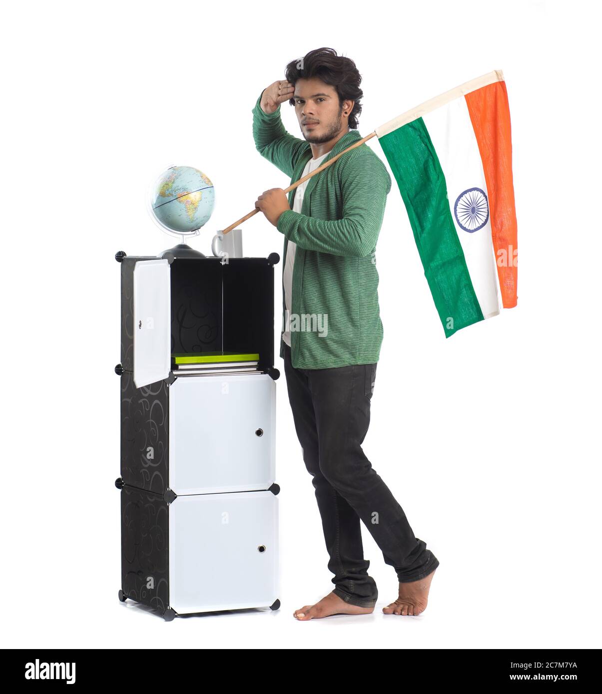 Young man with Indian flag or tricolor with world globe on white ...