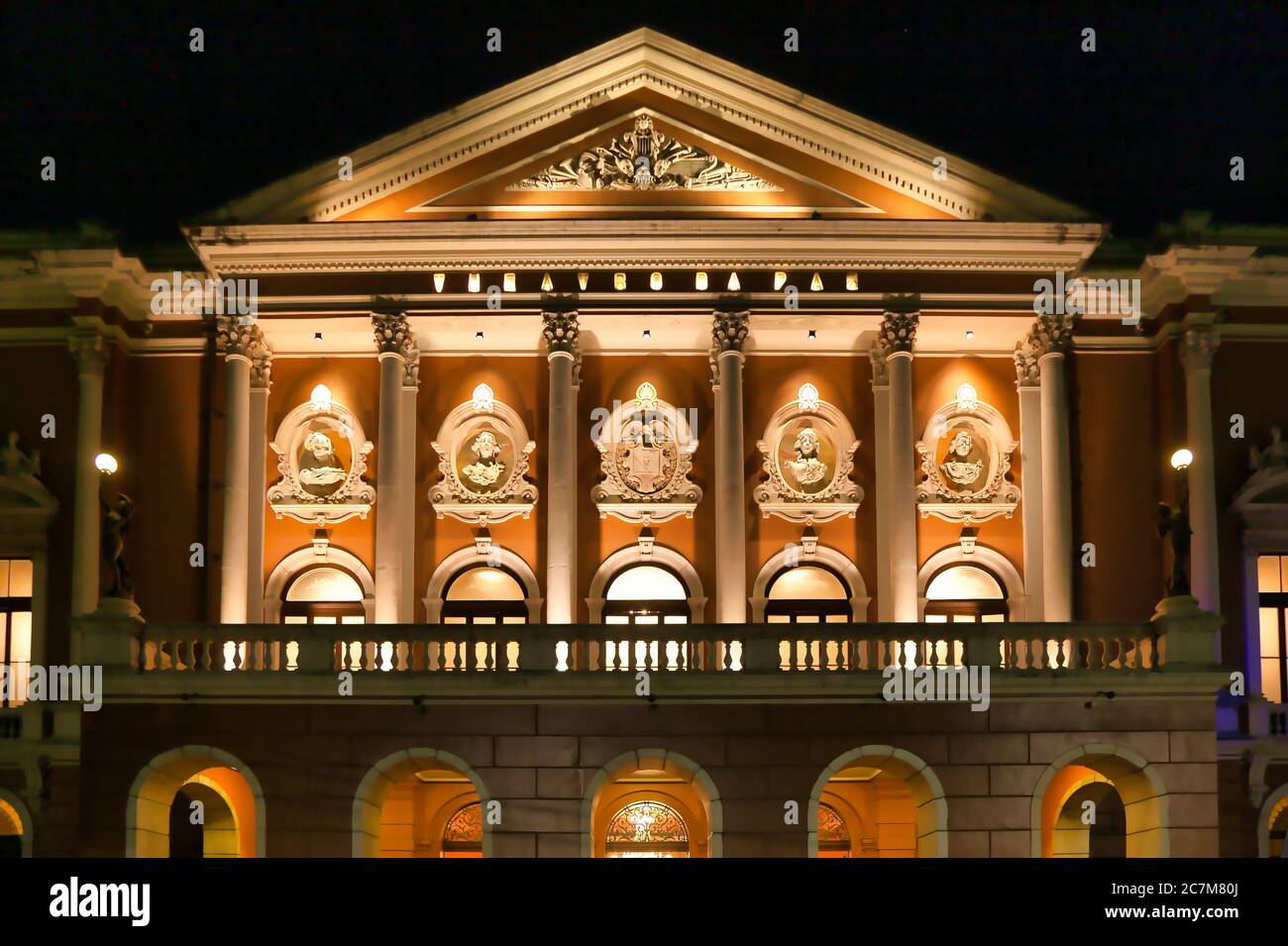 The Theatro (Theater) da Paz exterior lit up at night in Belem, Para ...