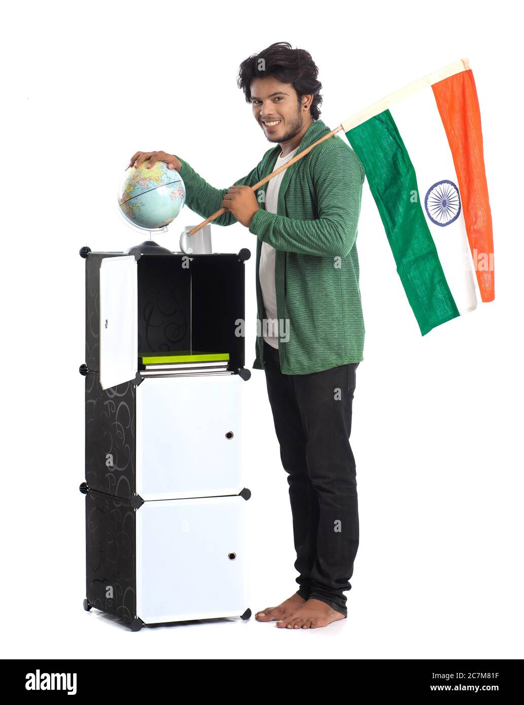 Young man with Indian flag or tricolor with world globe on white ...