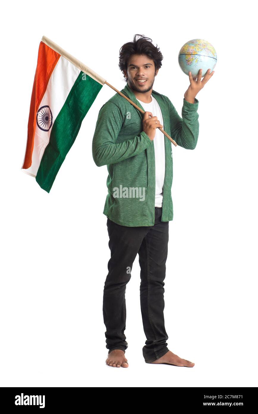 Young man with Indian flag or tricolor with world globe on white ...