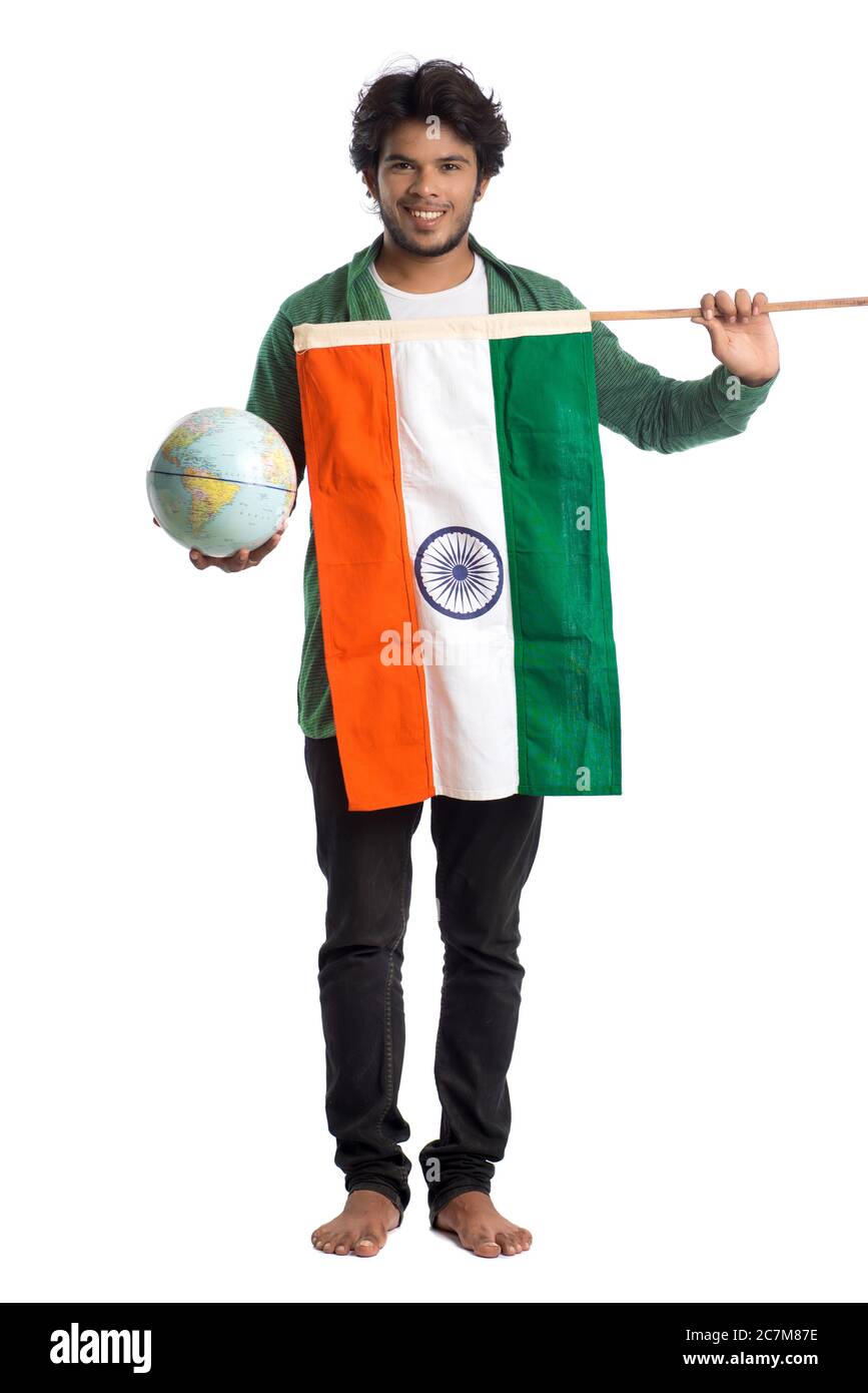 Young man with Indian flag or tricolor with world globe on white ...