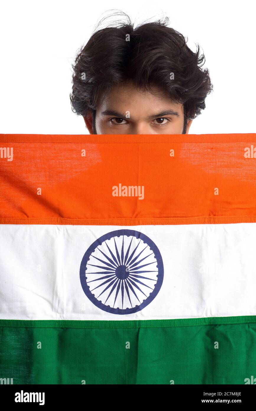 Young man with Indian flag or tricolor on white background, Indian ...