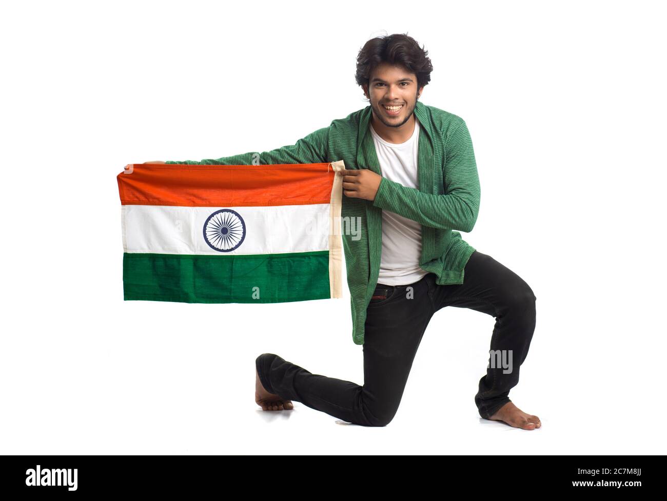 Young man with Indian flag or tricolor on white background, Indian ...