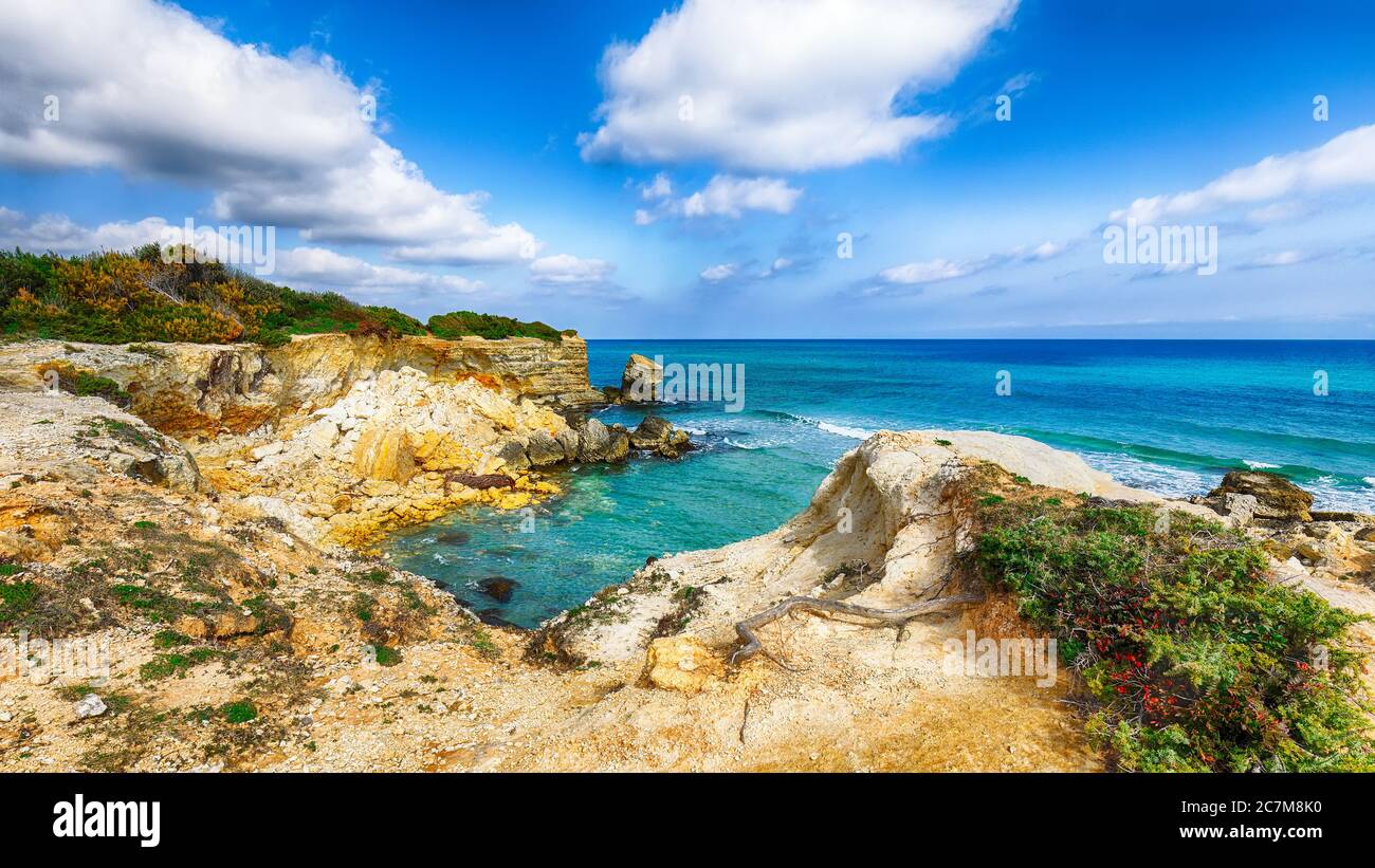 Picturesque seascape with white rocky cliffs, sea bay, islets and ...