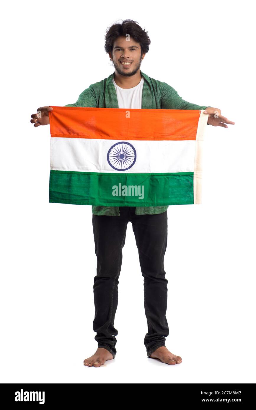 Young man with Indian flag or tricolor on white background, Indian ...