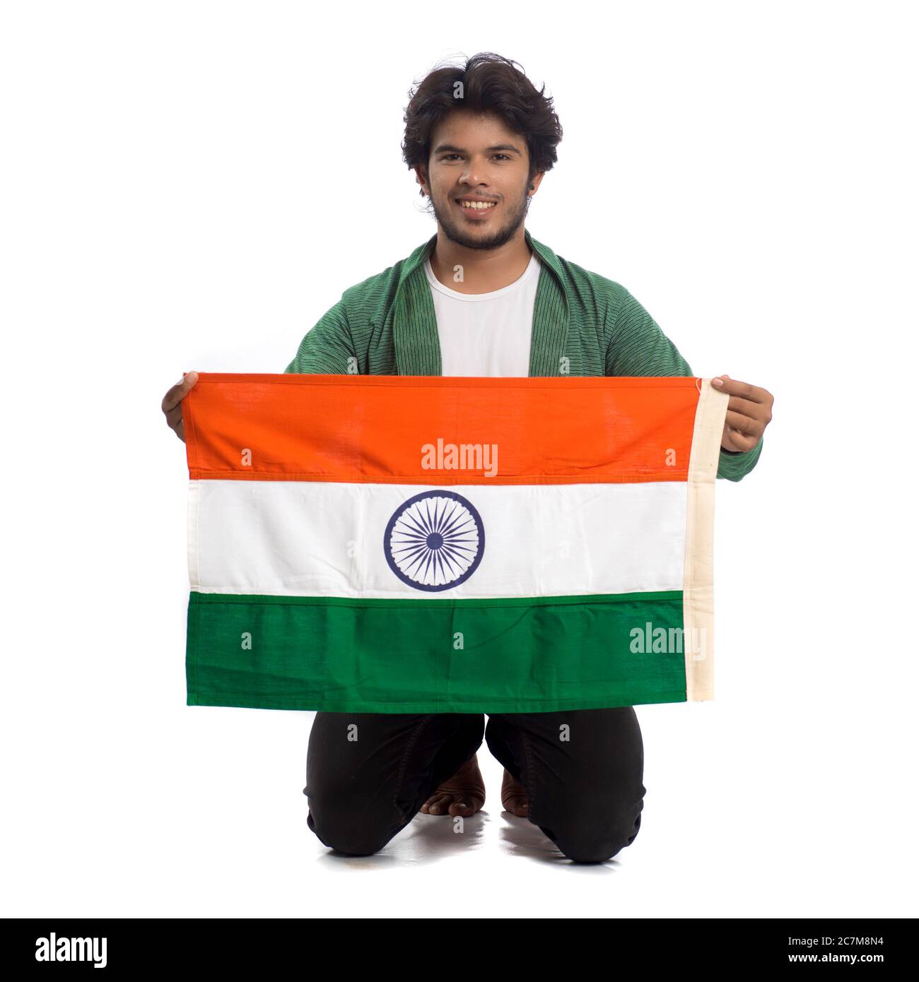 Young man with Indian flag or tricolor on white background, Indian ...