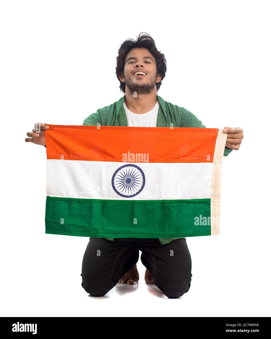 Young man with Indian flag or tricolor on white background, Indian ...