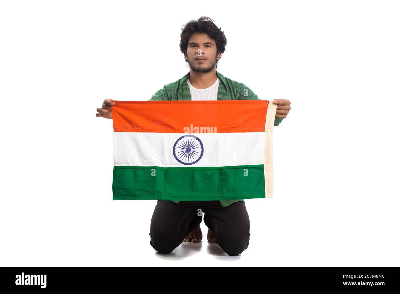 Young man with Indian flag or tricolor on white background, Indian ...