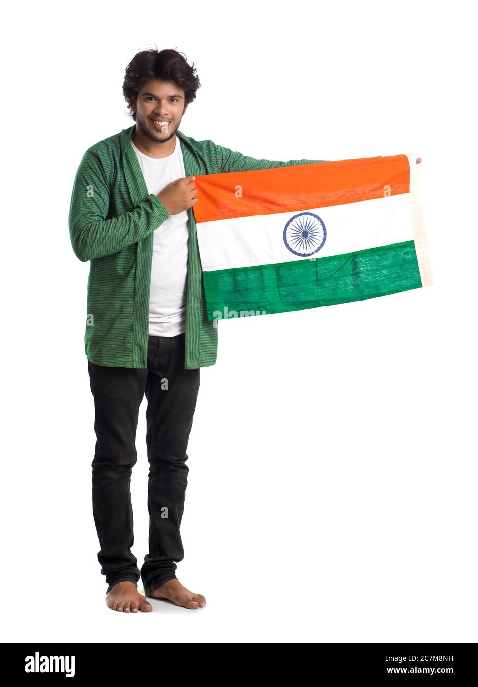 Young man with Indian flag or tricolor on white background, Indian ...