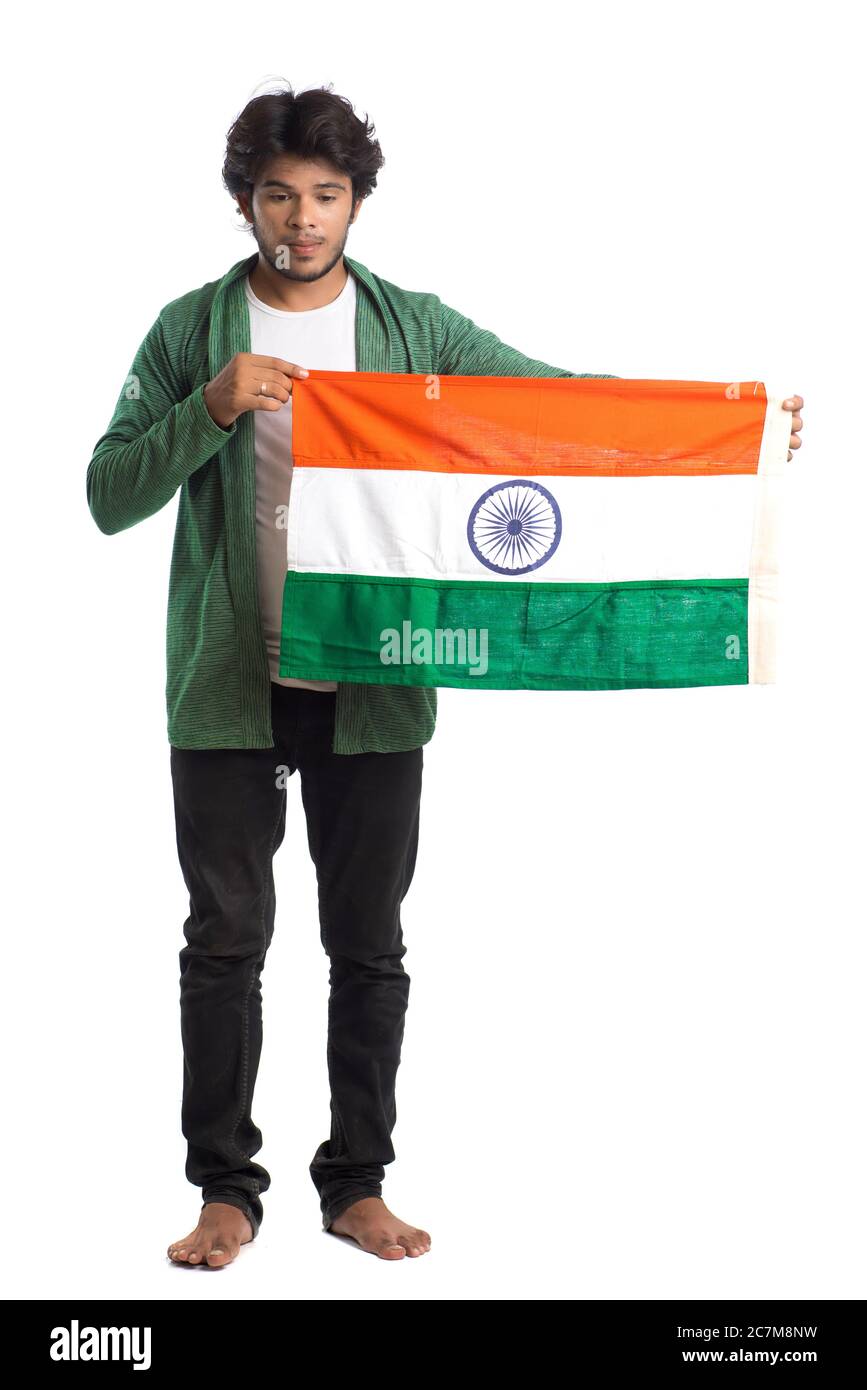 Young man with Indian flag or tricolor on white background, Indian ...